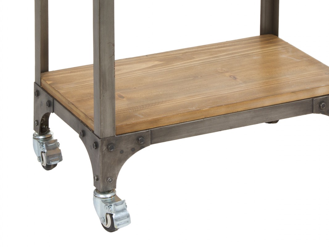 Estante con ruedas pequeño de hierro y madera de abeto