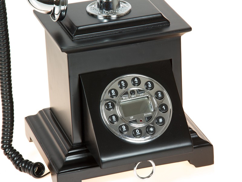 Teléfono clásico cuadrado de madera, plástico y metal